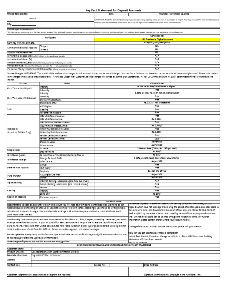 Key Fact Statement For Deposit Accounts: UBL Freelance Digital Account ...