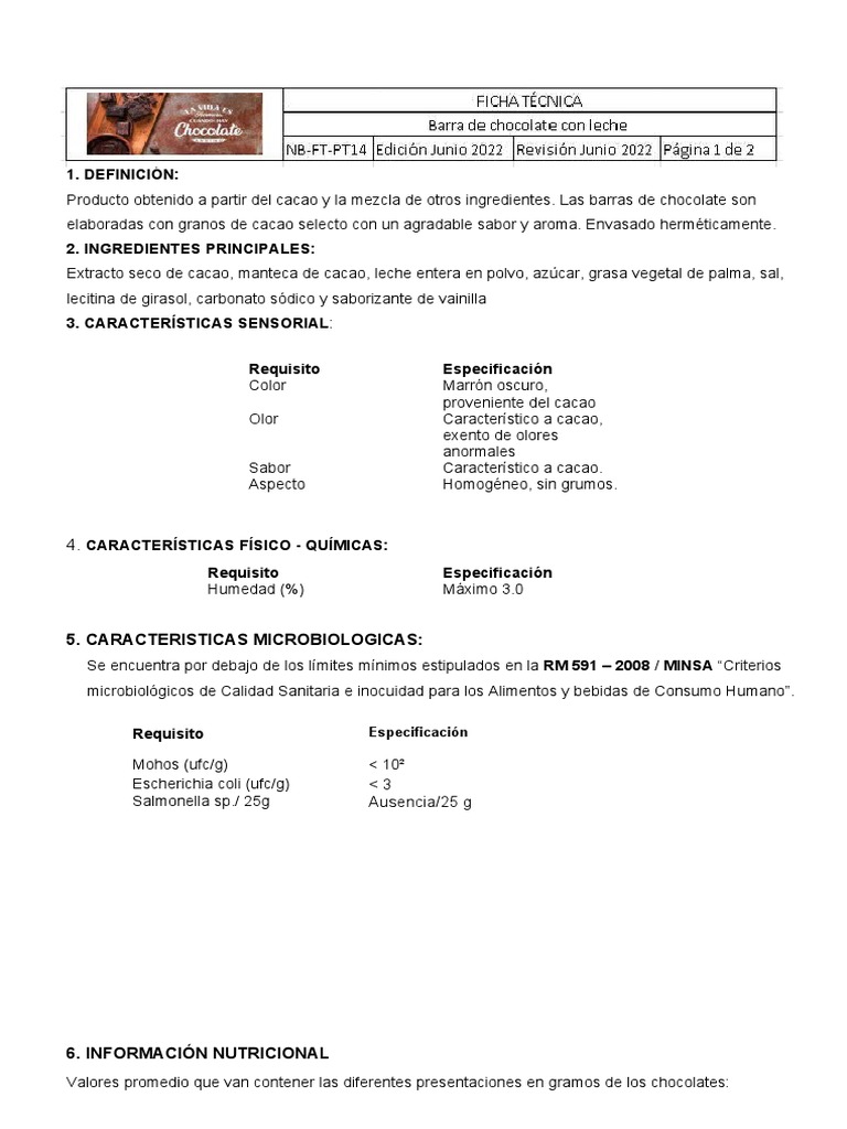 Ficha Tecnica de Los Chocolates | PDF | Chocolate | Etiqueta de ...