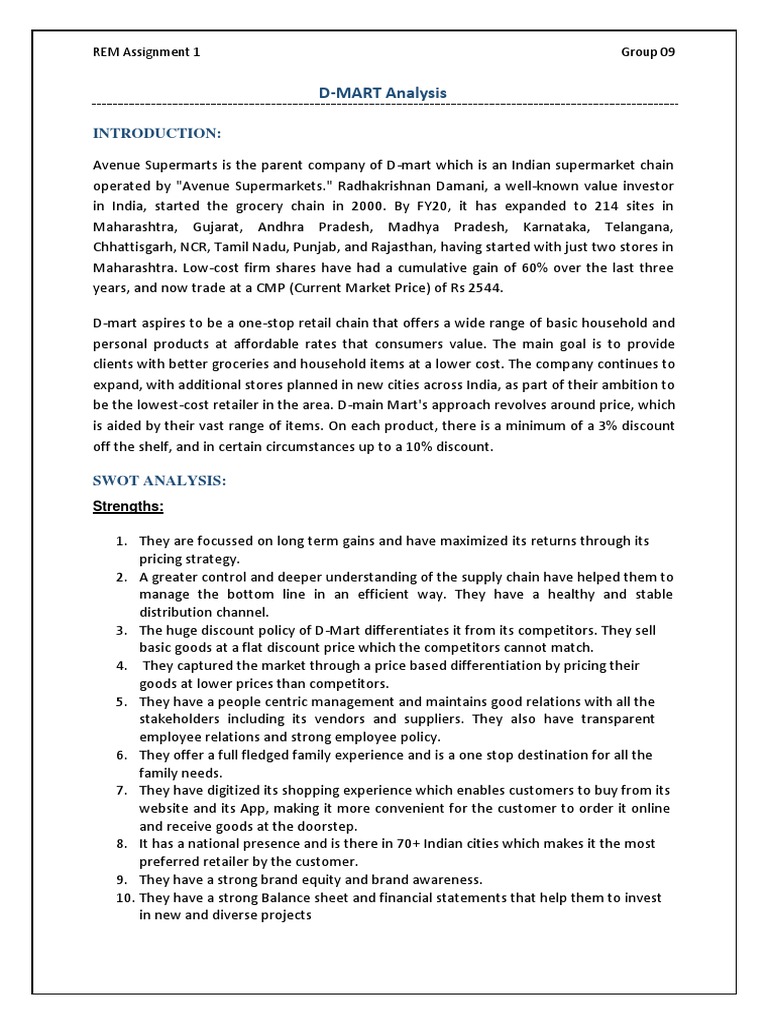 D-MART Analysis: REM Assignment 1 Group 09 | PDF | Retail | Pricing