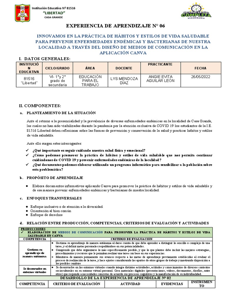 Experiencia de Aprendizaje #06: Datos Generales | PDF | Aprendizaje | Evaluación