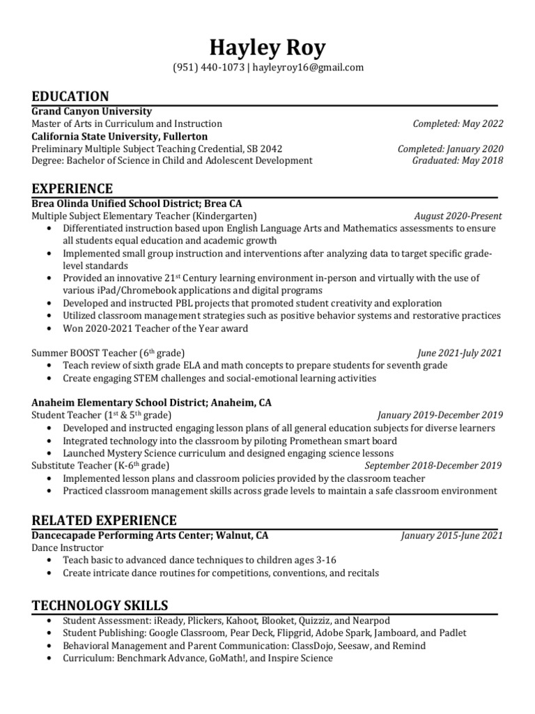 Hayley Roy Resume | PDF | Teachers | Curriculum