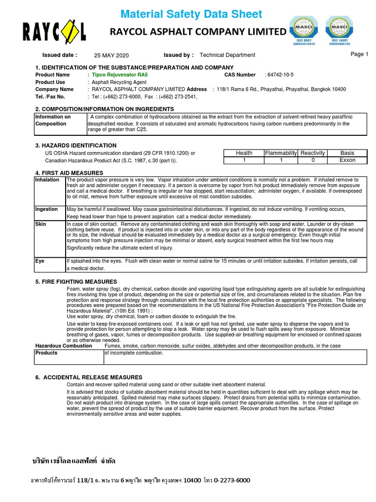Raycol Asphalt Company Limited: Material Safety Data Sheet | PDF ...