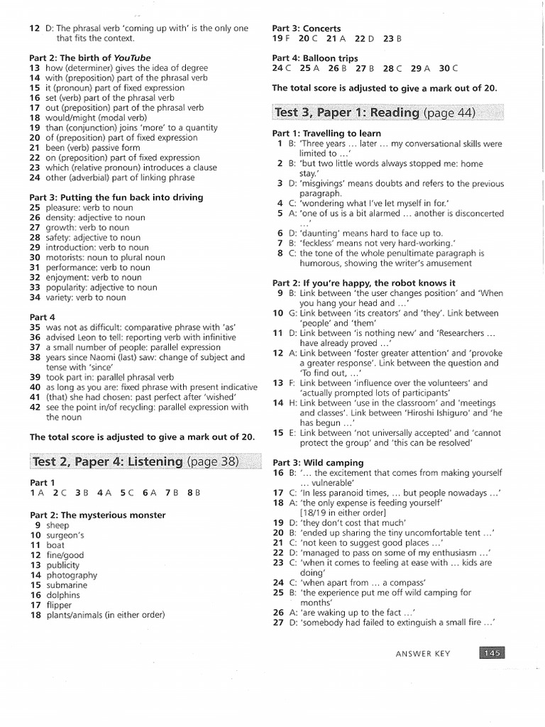 Key Tests 3-4-5 Fce Prastice Tests Aswers | PDF