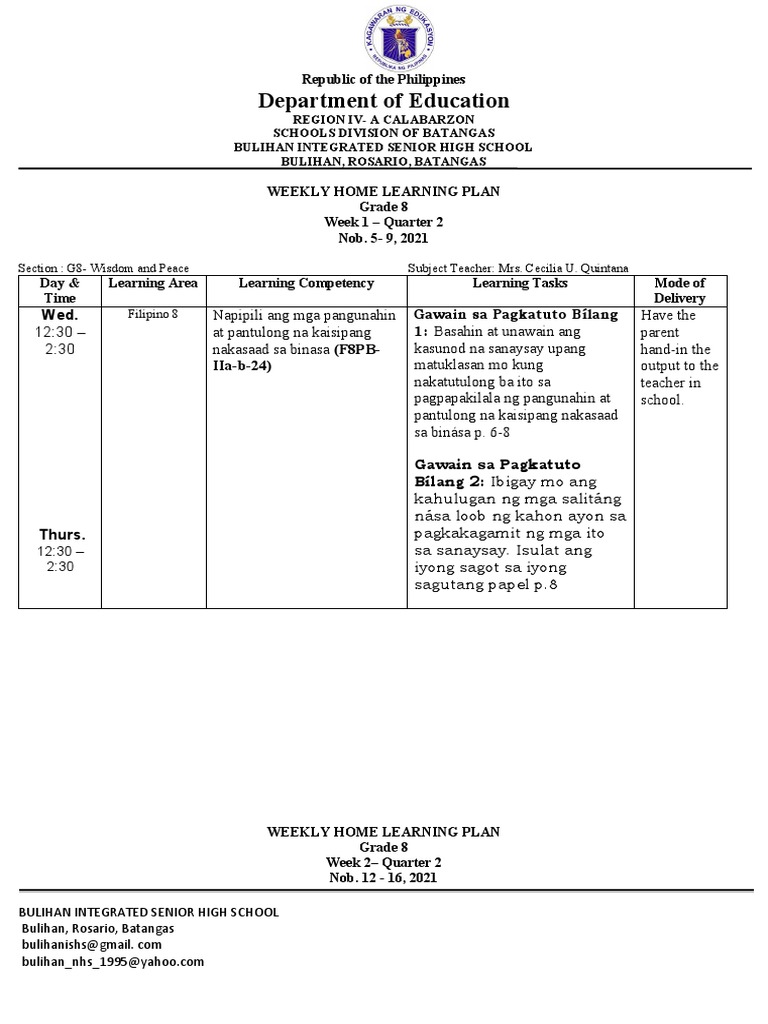 WEEK 1-2 WHLP-FOR-GRADE-8-Filipino 8-2nd Quarter Tunay | PDF