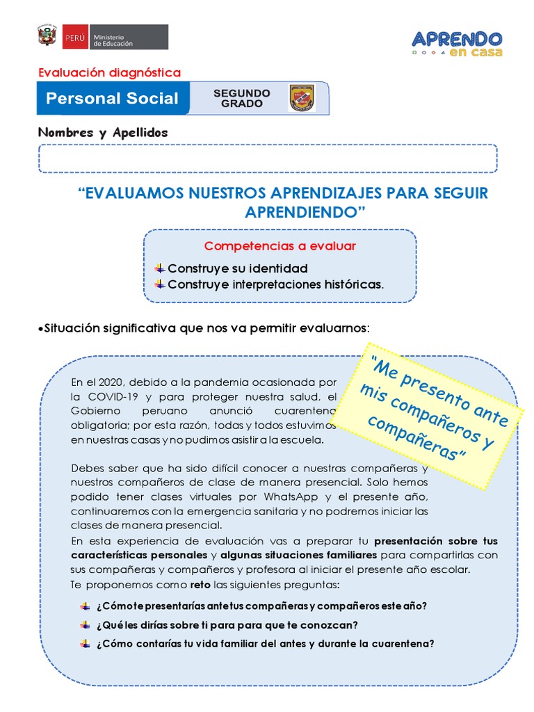 Eval. Diag. Personal Social Segundo Grado C | PDF | Evaluación