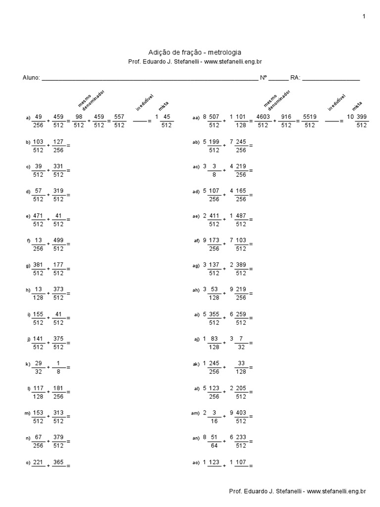 Adição de Fração - Metrologia: Mesmo Denominador Irredutível Mista ...
