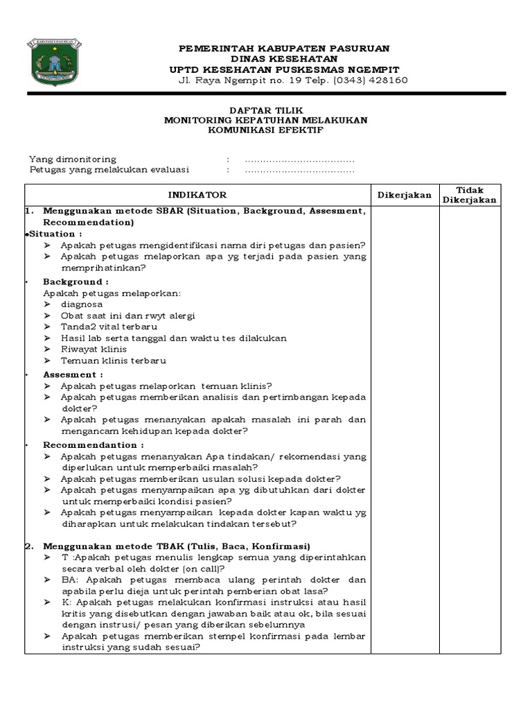 Daftar Tilik Kpatuhan Sbar Tbak | PDF | Kesehatan Holistik | Sains & Matematika