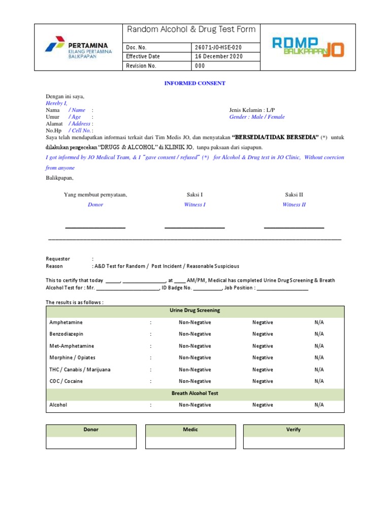 26071-JO-HSE-020 Random Alcohol & Drug Test Form Rev1 | PDF | Drug Test ...