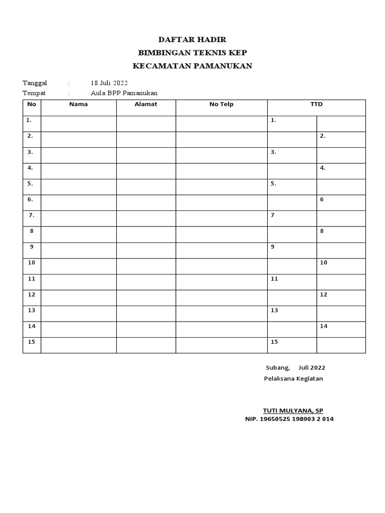 Daftar Hadir Pertemuan Kep KWT Simurp | PDF