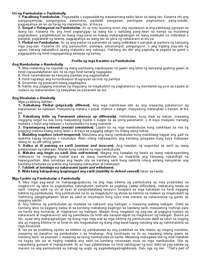 Uri NG Pambubulas o Pambubully | PDF