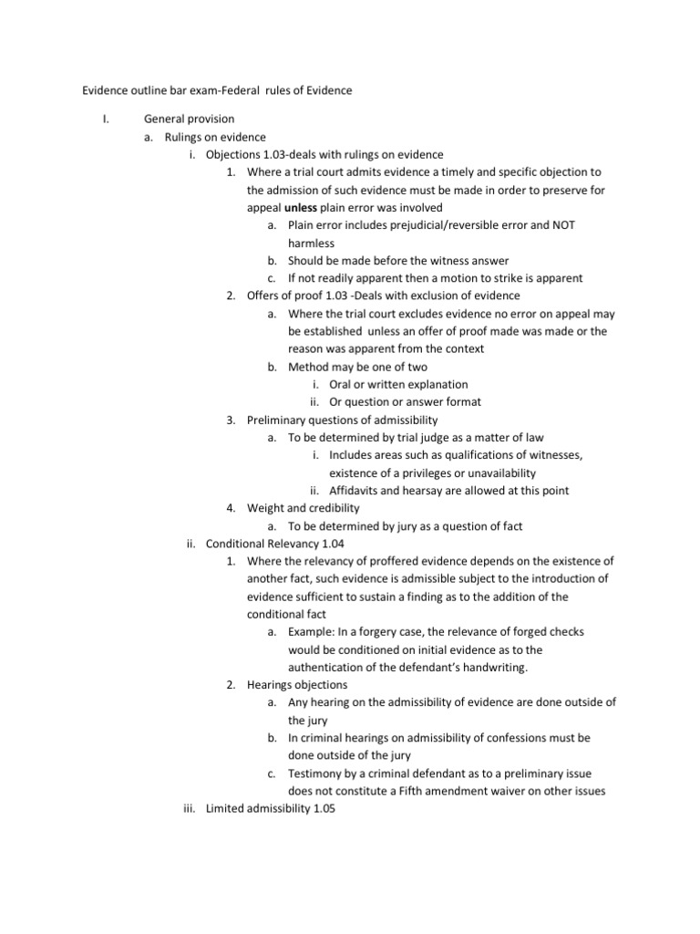 Evidence Outline Bar Exam | PDF | Burden Of Proof (Law) | Evidence (Law)