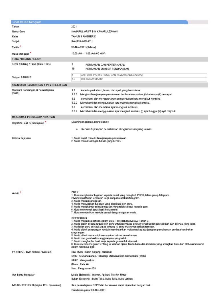 Contoh RPH BM Tahun 3 | PDF