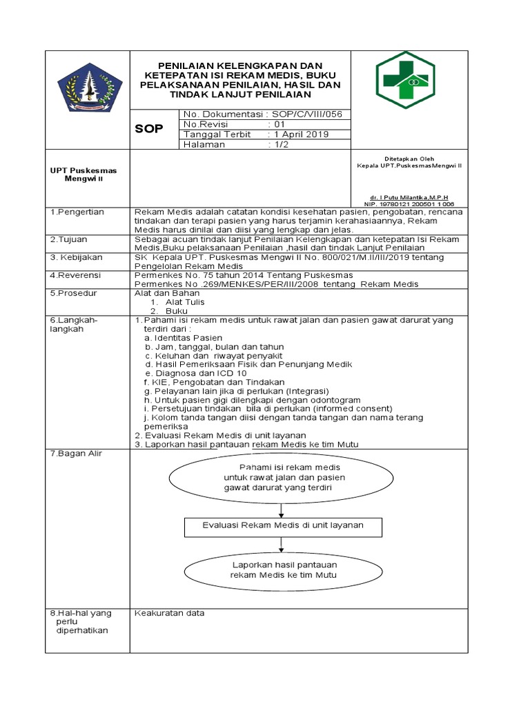 Sop 30. Penilaian Kelengkapan Dan Ketepatan Isi Rekam Medis | PDF