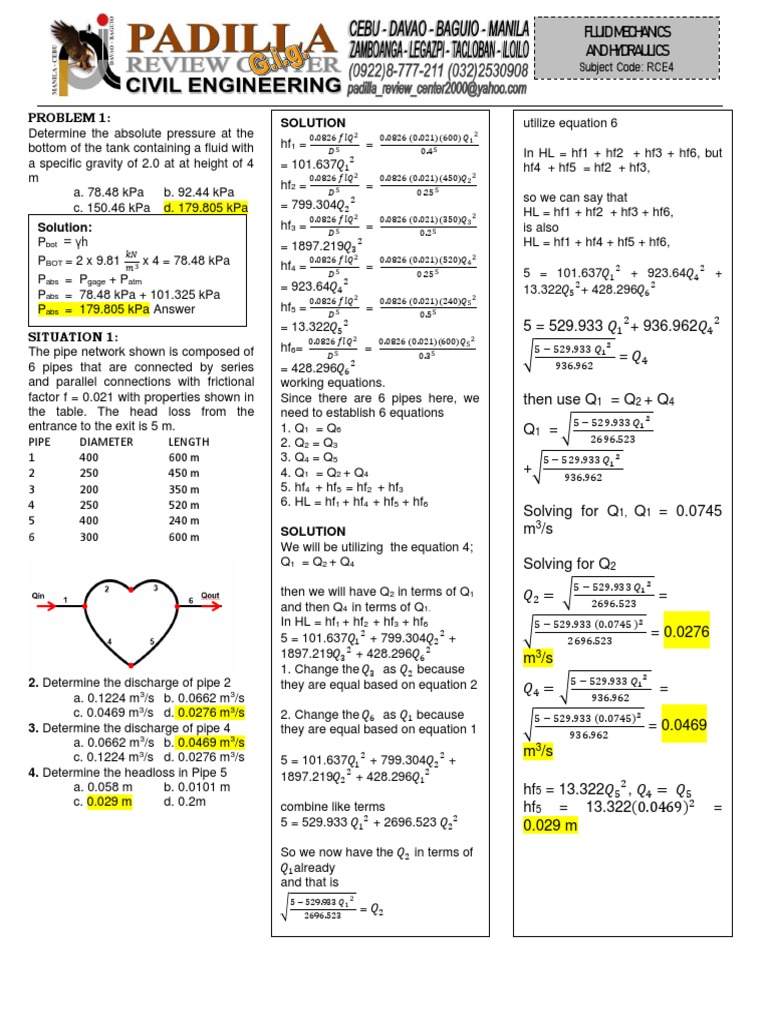 Problem 1: Solution: Fluid Mechanics and Hydraulics | PDF | Pressure | Pascal (Unit)