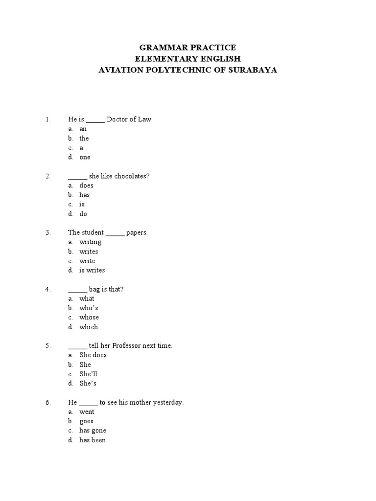 Grammar Practice - ELEMENTARY ENGLISH | PDF
