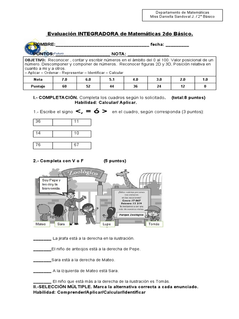 Evaluación INTEGRADORA 1 de Matemáticas 2do Básico | PDF