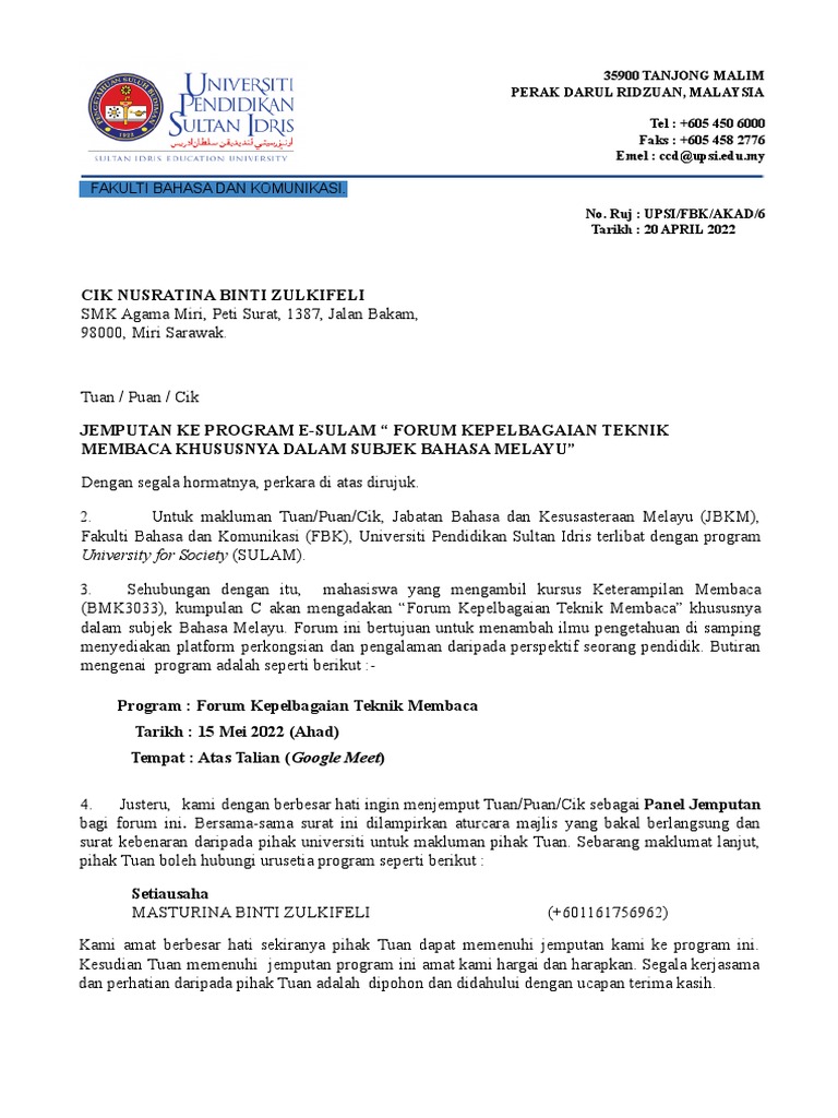 SURAT JEMPUTAN GURU (PROGRAM SULAM) | PDF