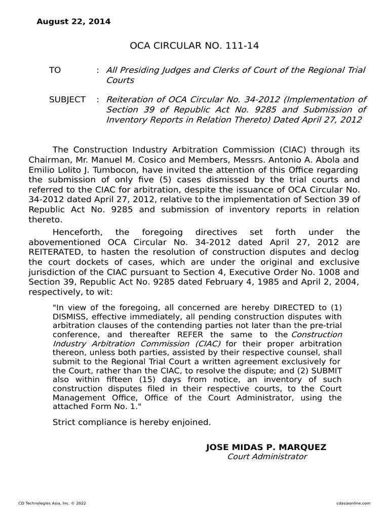 Oca Circular No. 111-14 | PDF | Arbitration | Public Law