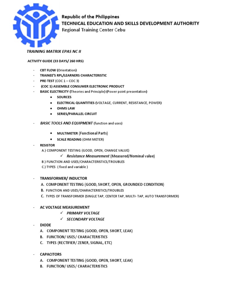Training Matrix for Electronics Products Assembly, Servicing and Repair ...