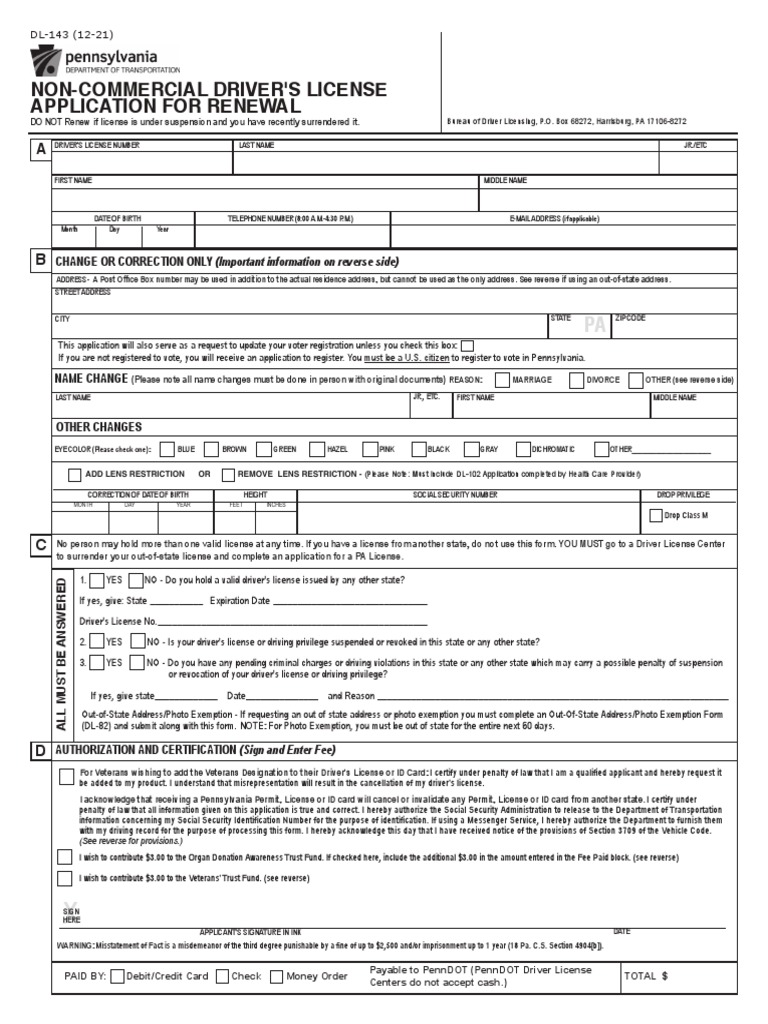 Non-Commercial Driver'S License Application For Renewal | Download Free ...
