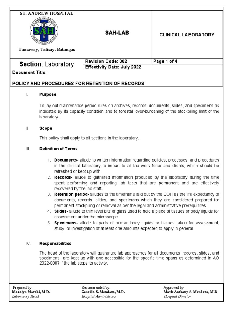 POLICY and Procedures in Retention of Records | PDF | Blood Plasma ...