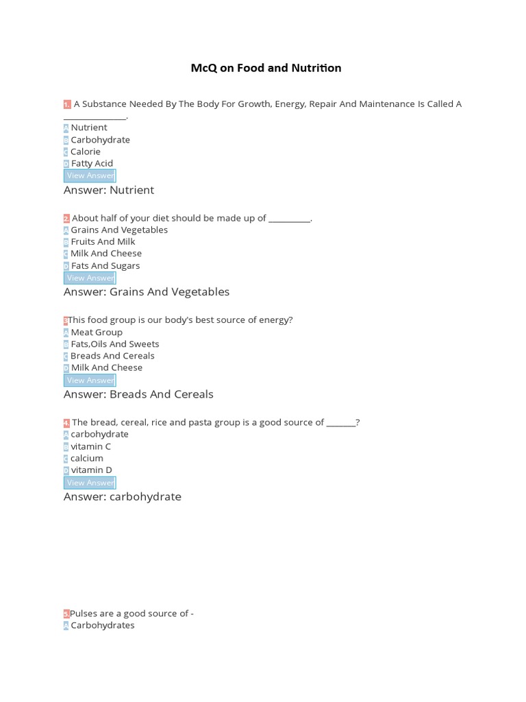 McQ on food ^0 nutrition | PDF | Carbohydrates | Nutrients