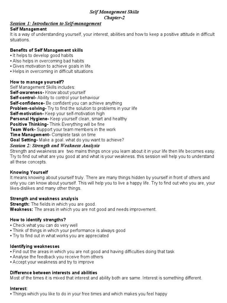 Self Management Skills Class 9 | PDF | Cognitive Psychology | Behavior ...