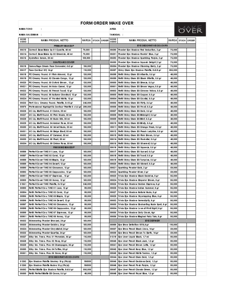 Form Order Make Over: Nama Produk, Netto Harga Nama Produk, Netto Harga ...