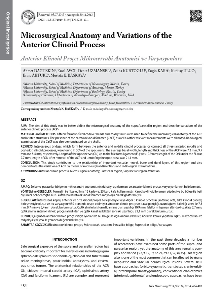 Microsurgical Anatomy of Anterior Clinoid Process | PDF | Human Head ...