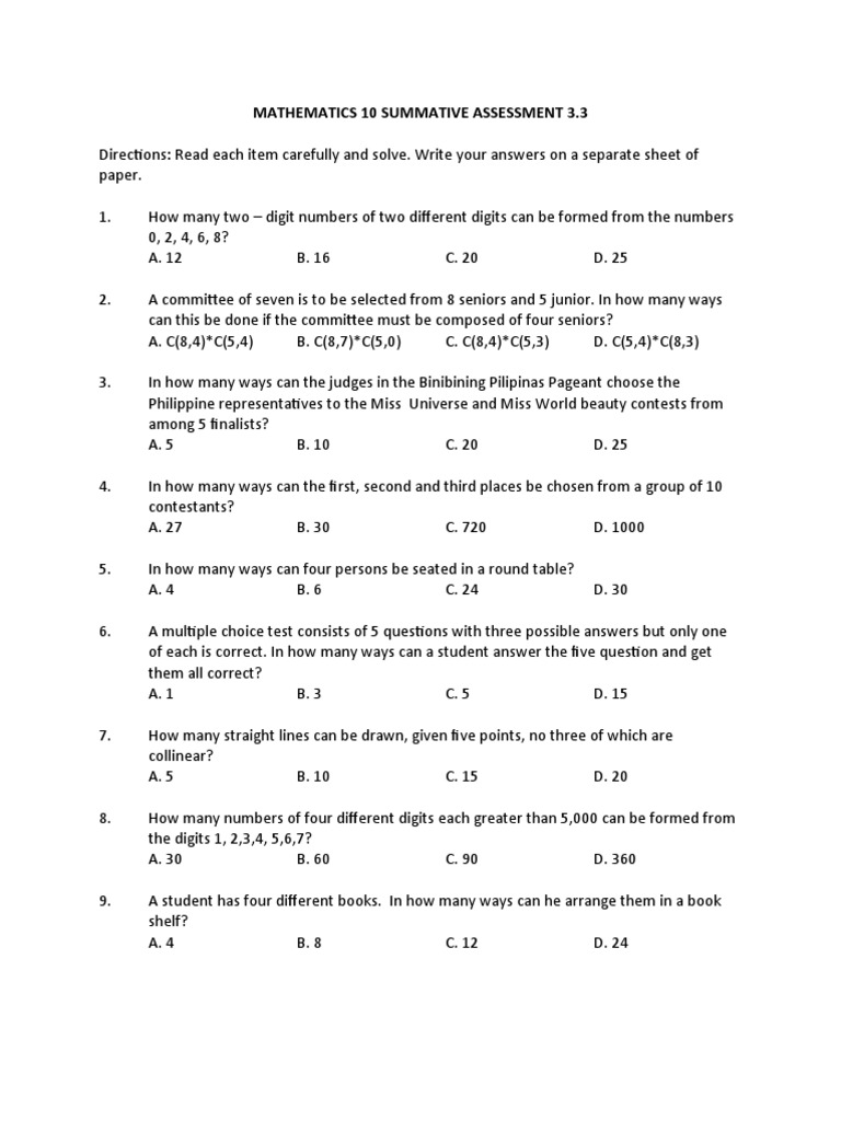 10.3.3 Math Assessment | PDF | Multiple Choice