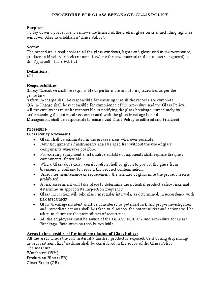 Glass Breakage Management Procedure | PDF | Personal Protective ...