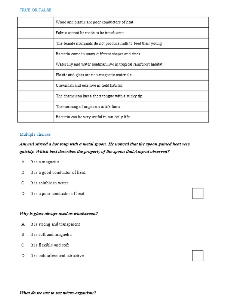 Multiple Choices: True or False | PDF | Habitat | Organisms