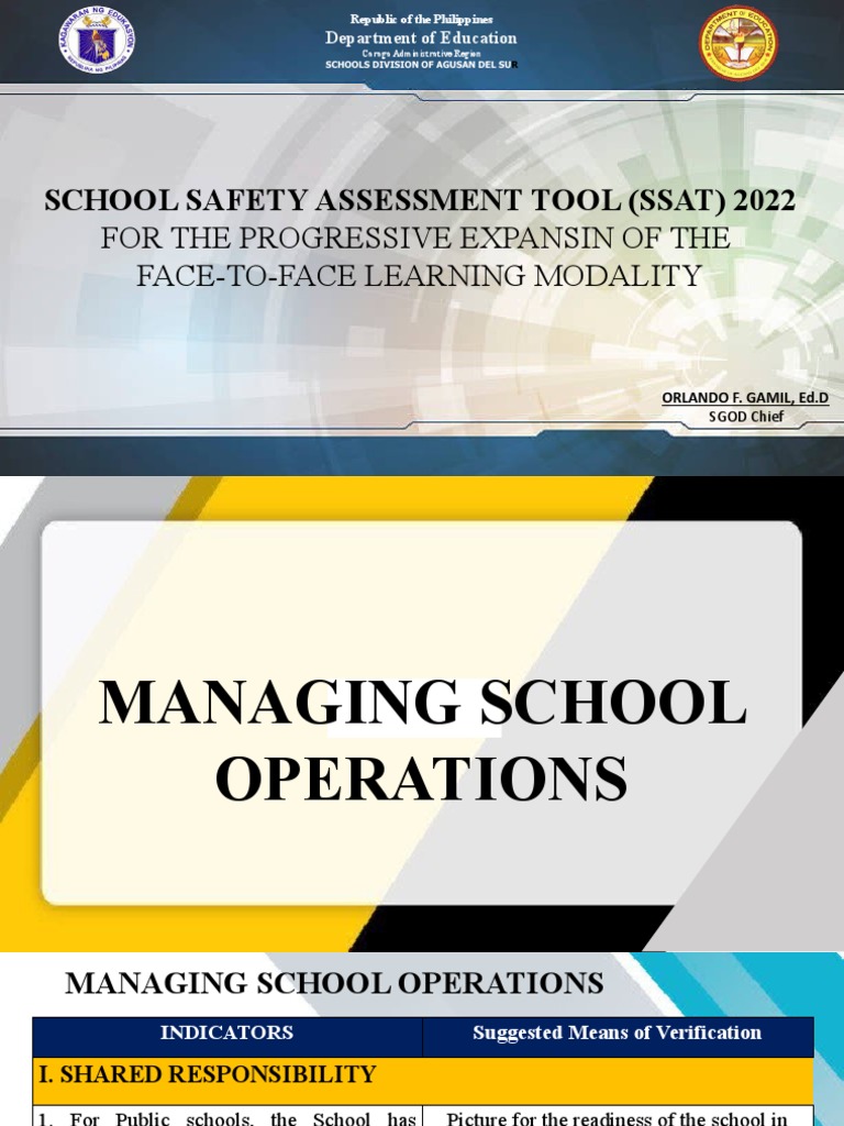 School Safety Assessment Tool (Ssat) 2022: For The Progressive Expansin of The Face-To-Face ...