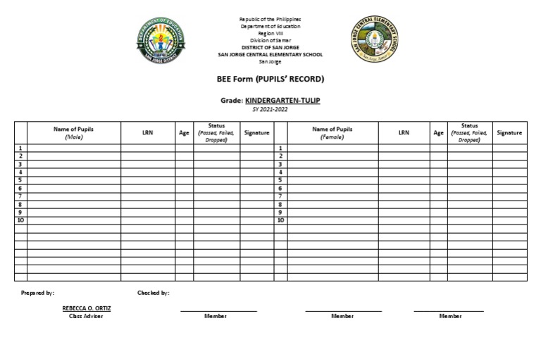 Bee Form (Pupils' Record) : Grade: Kindergarten-Tulip | PDF
