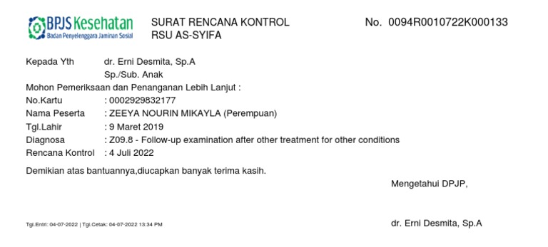 Surat Rencana Kontrol Rsu As-Syifa: No. 0094R0010722K000133 | PDF