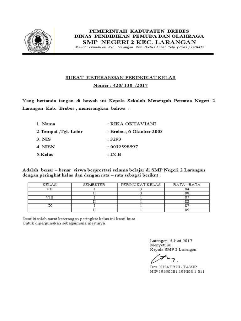 Surat Keterangan Peringkat Kelas | PDF