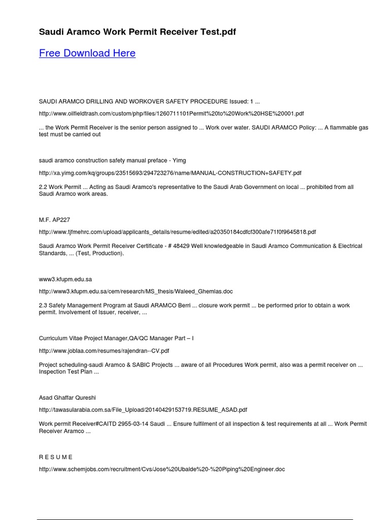 Free Download Here: Saudi Aramco Work Permit Receiver Test PDF | PDF
