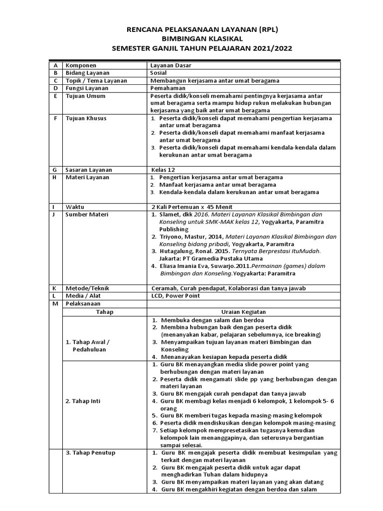 Rencana Pelaksanaan Layanan (RPL) Bimbingan Klasikal Semester Ganjil ...