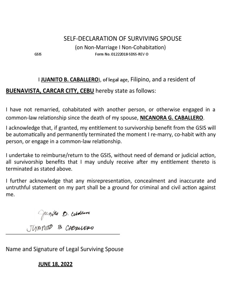 Self-Declaration of Surviving Spouse: Filipino, and A Resident of | PDF