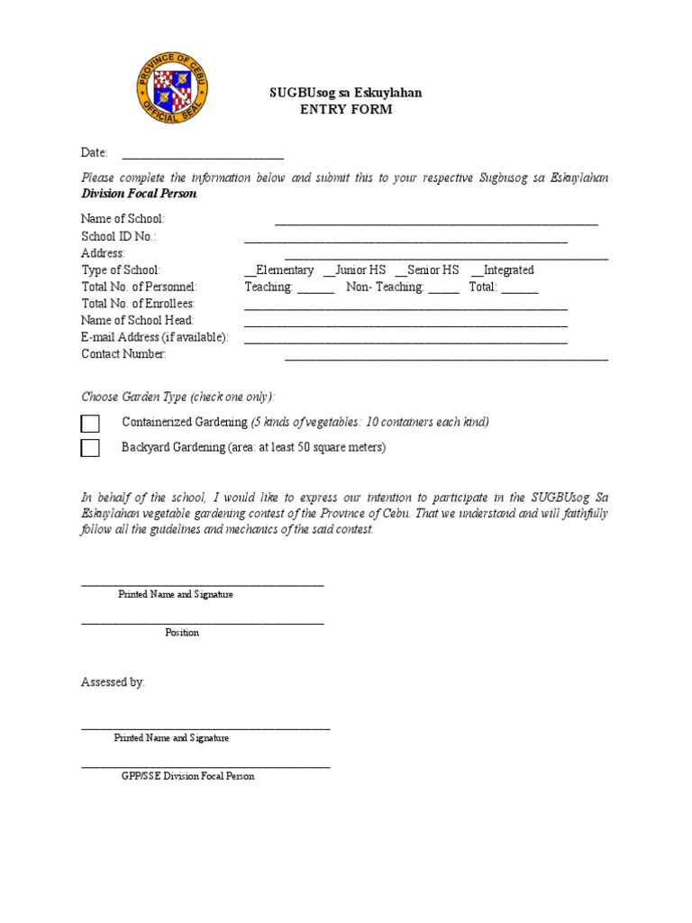Sugbusog Sa Eskuylahan Entry Form: Division Focal Person | PDF