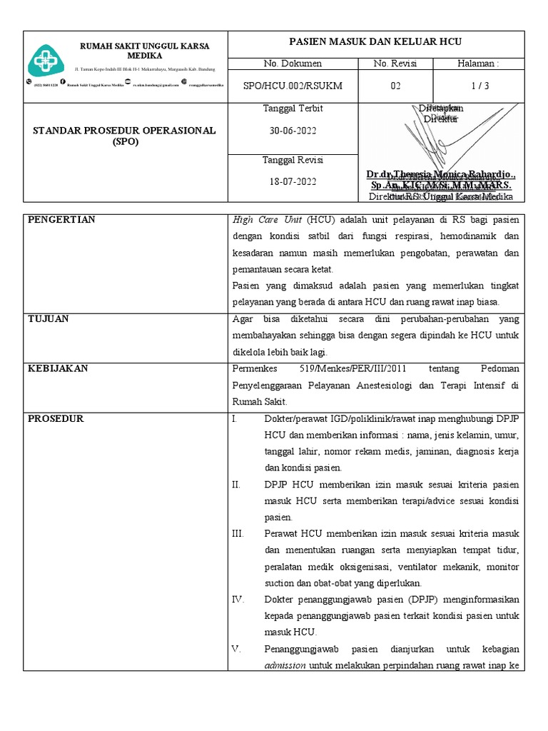 HCU-002 Kriteria Pasien Masuk HCU | PDF