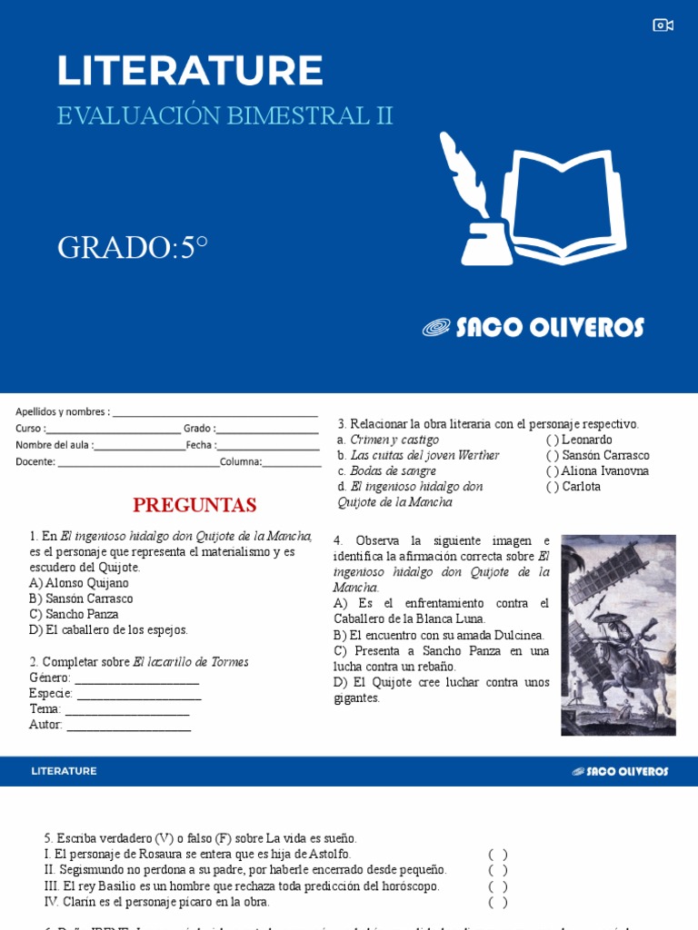 Evaluación de Literatura Grado 5 | PDF | Don Quijote | Don Quijote ...