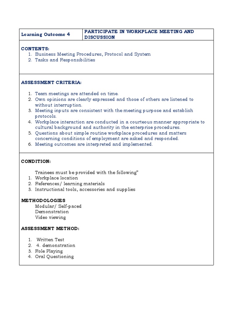 Learning Outcome 4 Participate in Workplace Meeting and Discussion ...