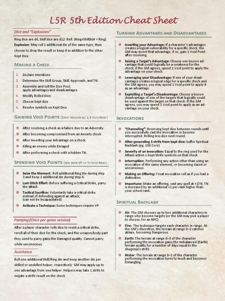 L5R 5th Edition Cheat Sheet: Turning Advantages and Disadvantages | PDF ...