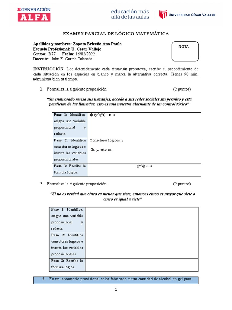 Examen Parcial Logico Matemática | PDF | Proposición | Lógica