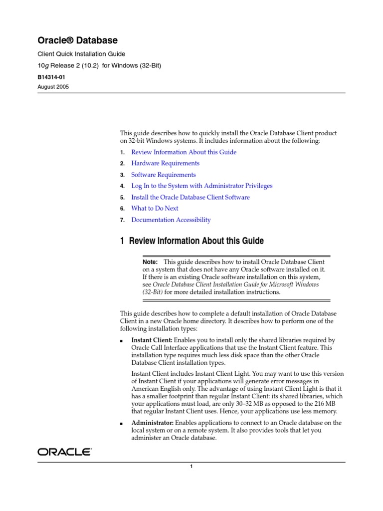 Oracle® Database: Client Quick Installation Guide 10g Release 2 (10.2) For Windows (32-Bit) | PDF