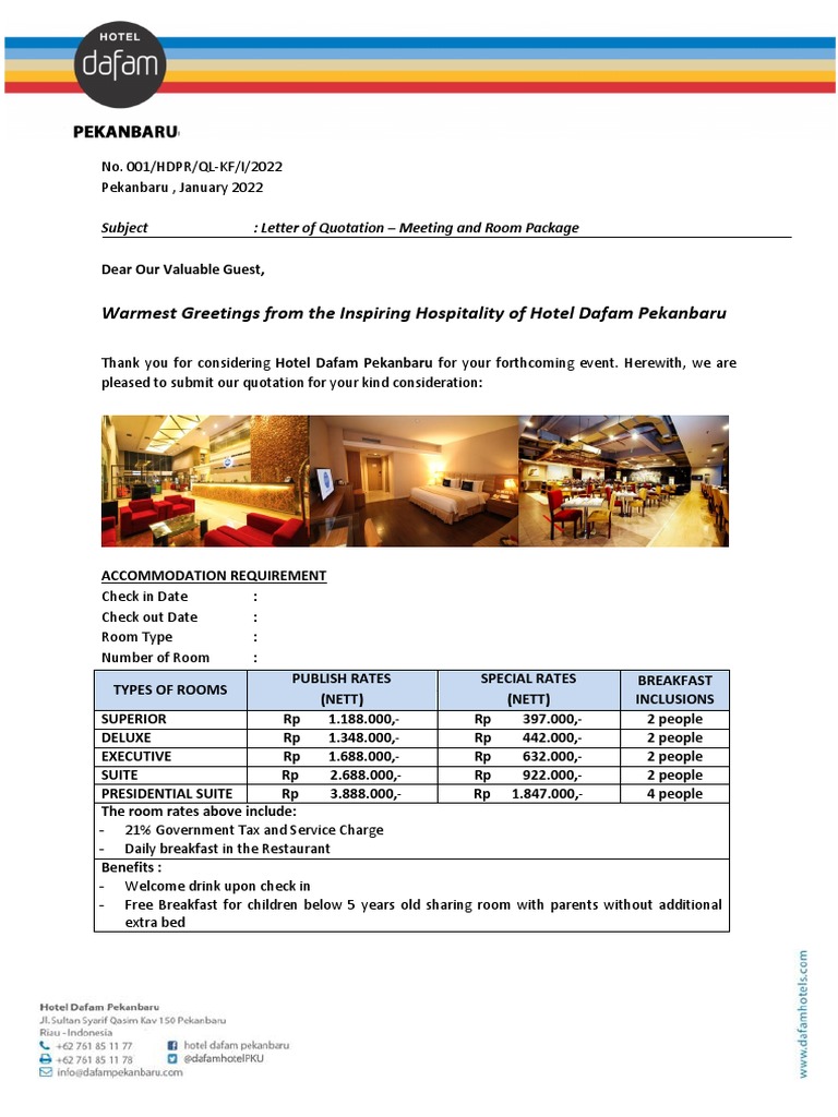 Hotel Dafam Pekanbaru Meeting and Room Package Quotation Letter | PDF ...