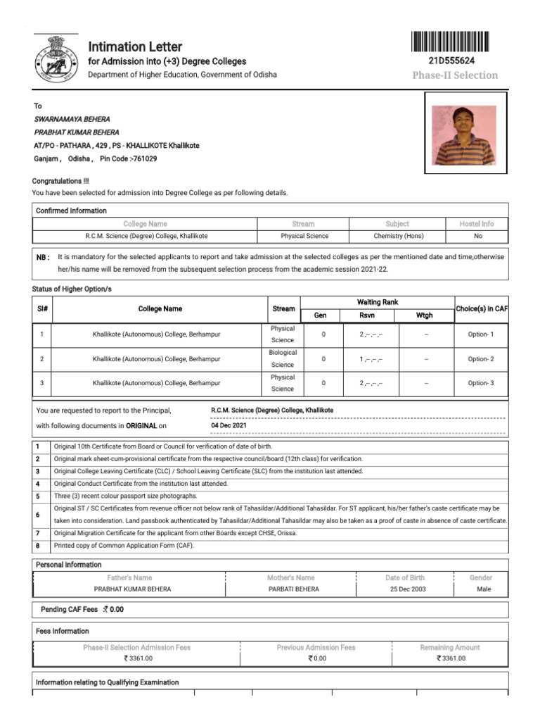 Intimation Letter: For Admission Into (+3) Degree Colleges 21D555624 | PDF