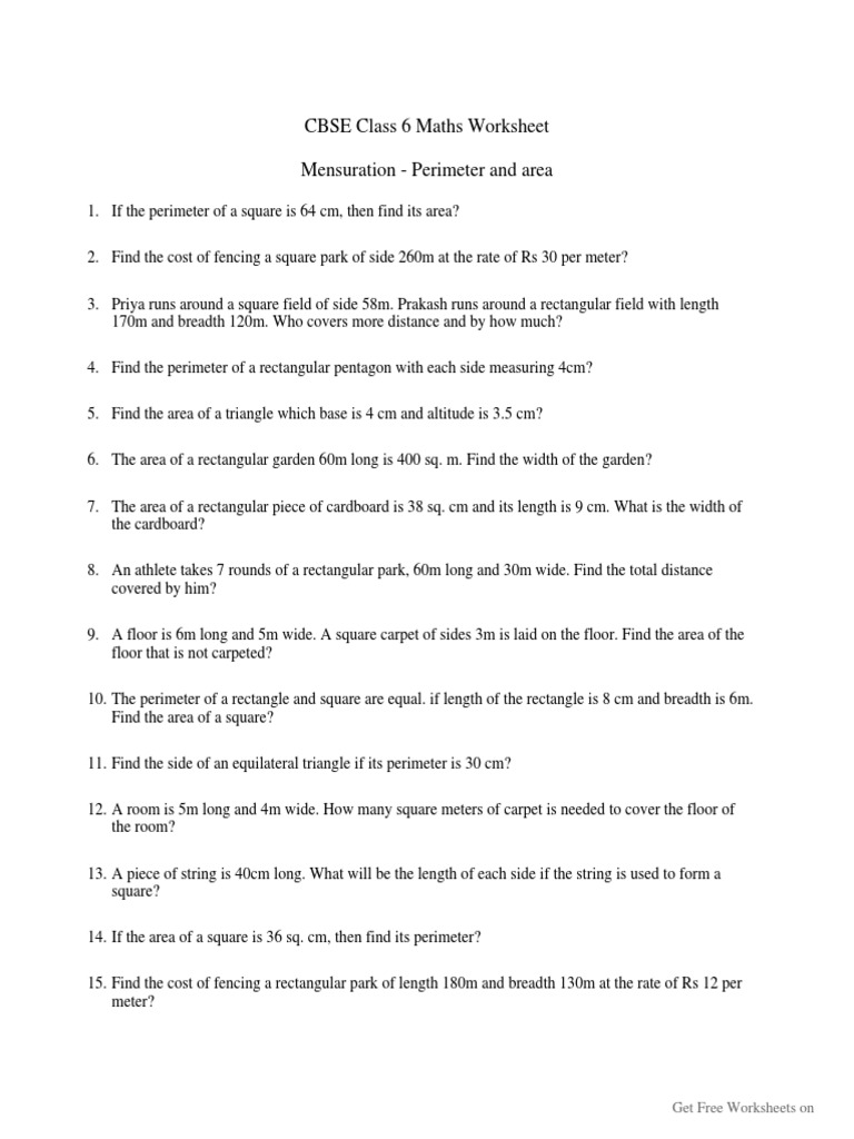 Perimeter and Area CBSE Class 6 Worksheet | PDF | Area | Rectangle