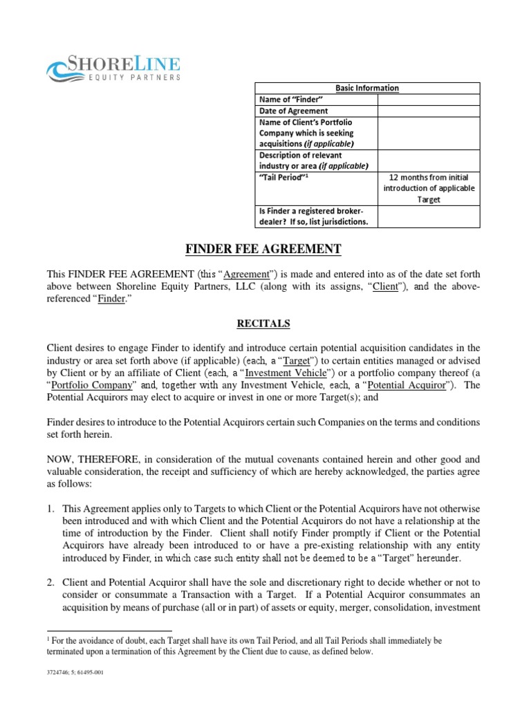 Shoreline Equity Partners Finder Fee Engagement | PDF | Law Of Agency ...